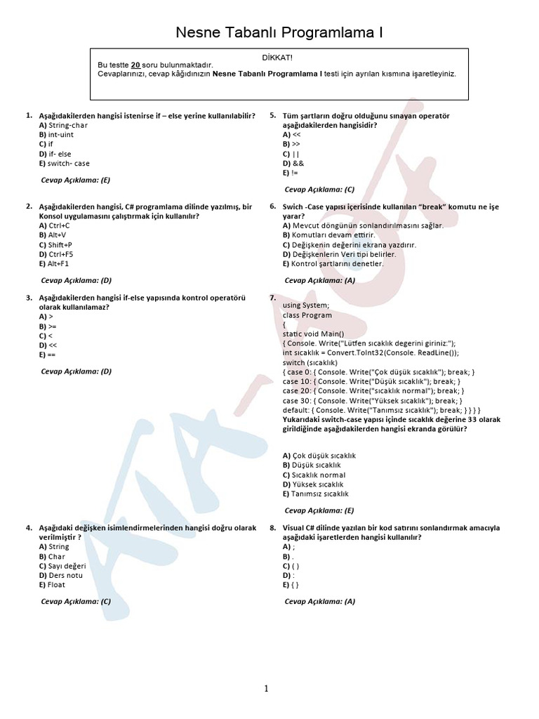 Nesne Tabanlı Programlama - I- Vize Tüm | PDF