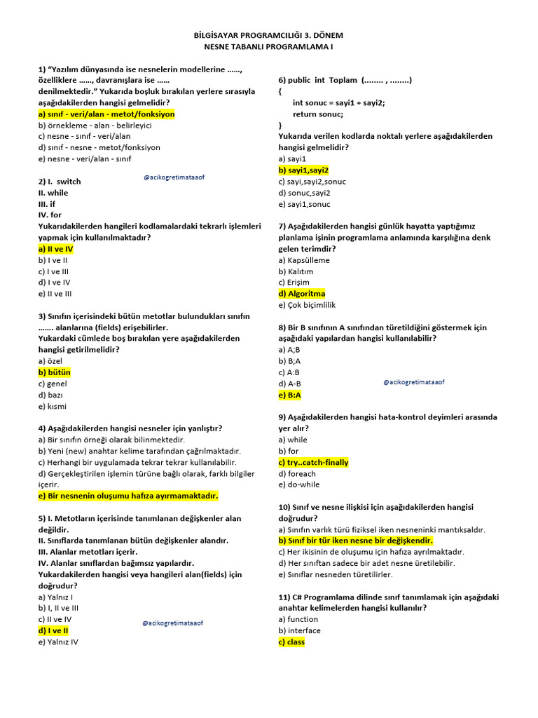 Nesne Tabanli Programlama I LMS | PDF