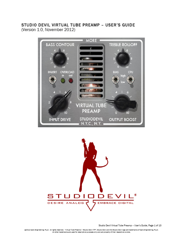 Studio Devil Virtual Tube Preamp - User'S Guide (Version 1.0, November ...