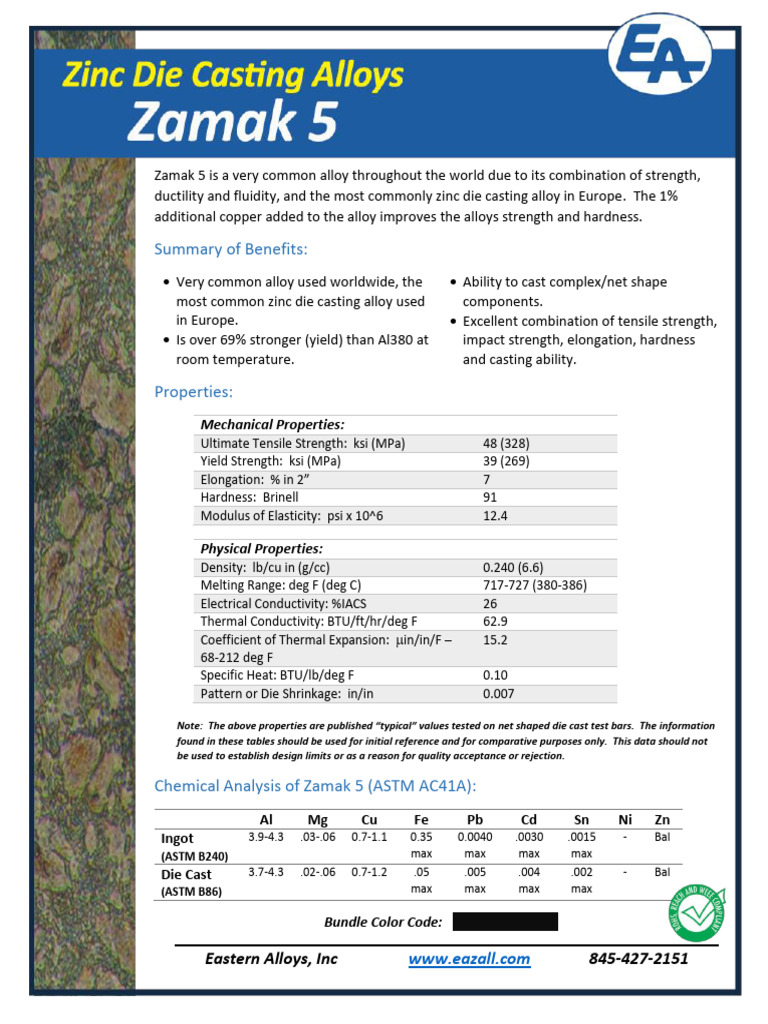 Zamak 5 Data Sheet | PDF | Strength Of Materials | Alloy