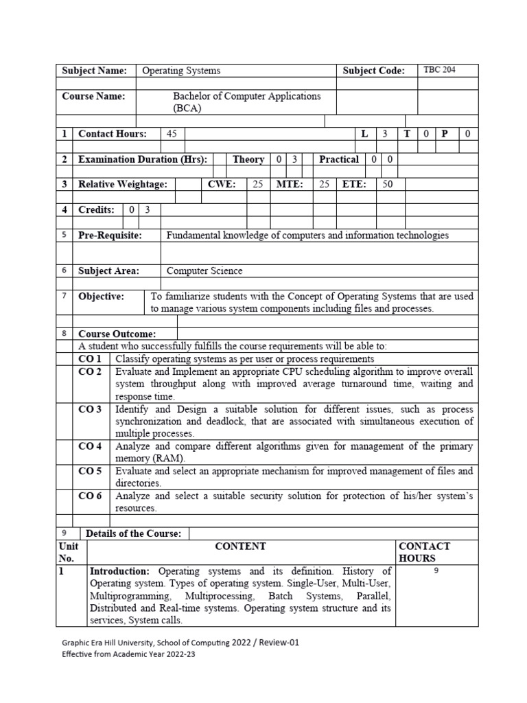 Operating Systems Course Overview BCA | PDF | Process (Computing) | Operating System