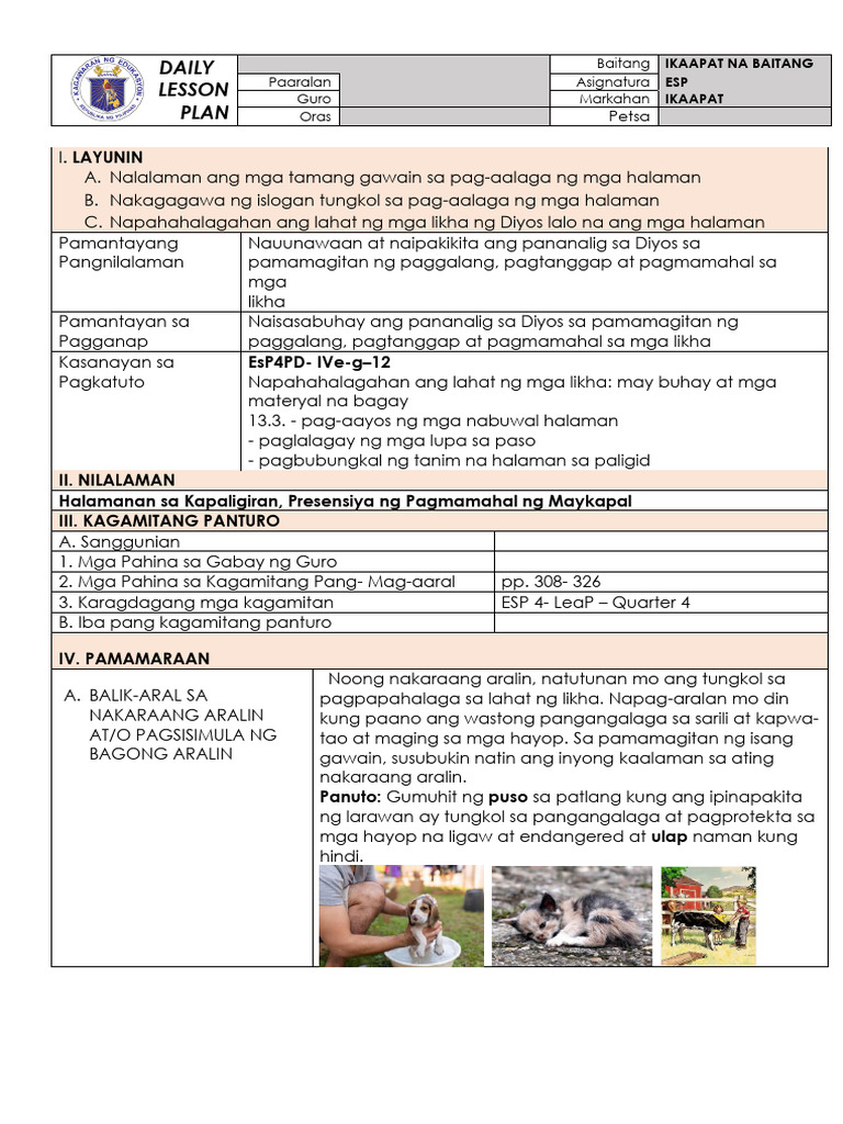 ESP GRADE 4 - PAGPAPAHALAGA SA MGA HALAMAN- COT LESSON PLAN | PDF