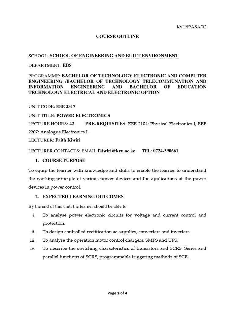 Eee 2317 Power Electronics Course Outline | Download Free PDF | Power Inverter | Power Electronics