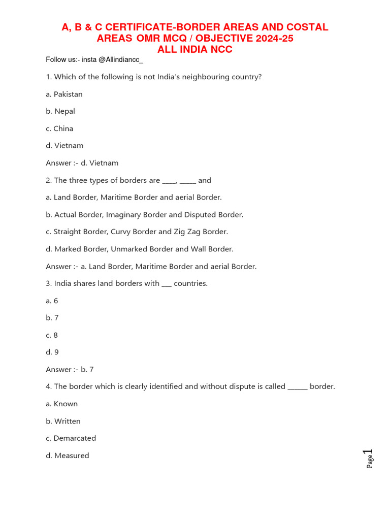 A, B & C cert Border Areas and Costal Areas OMR-MCQ'S- allindiancc_ | PDF | Government Of India