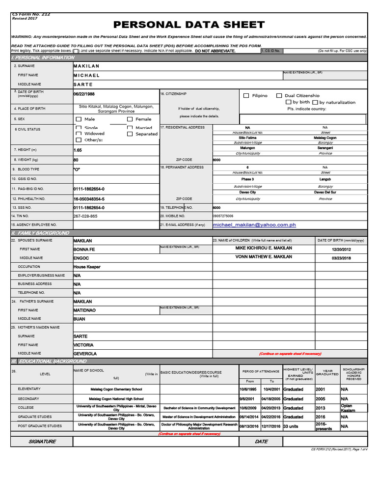 CS Form No. 212 PDS Makilan | PDF