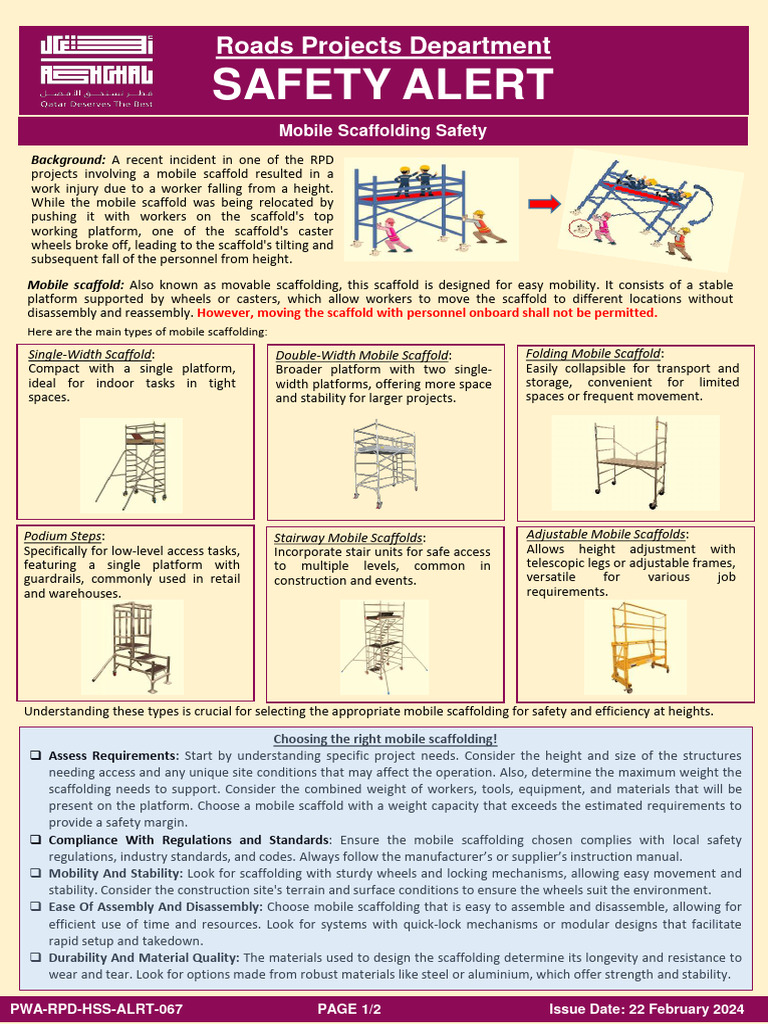 PWA-RPD-HSS-ALRT-067 Mobile Scaffolding Safety | PDF | Scaffolding | Safety