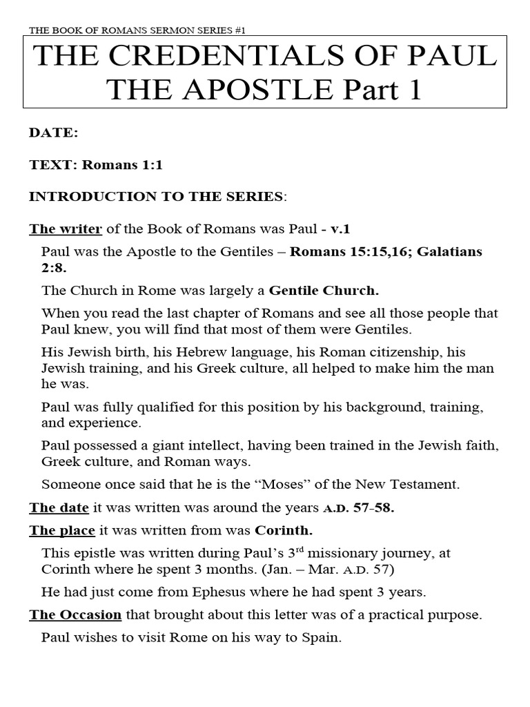 THE CREDENTIALS OF PAUL - Part 1 - Romans 1 1 | PDF | Epistle To The ...