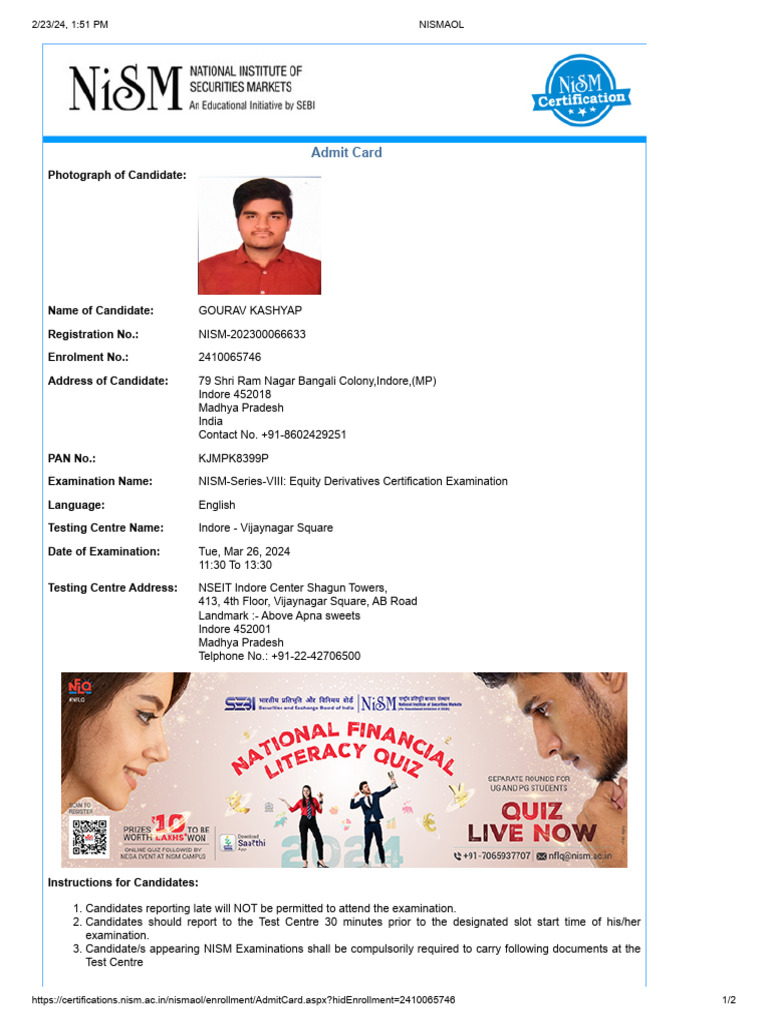 Nism Exam Admit Card | Download Free PDF | Computing