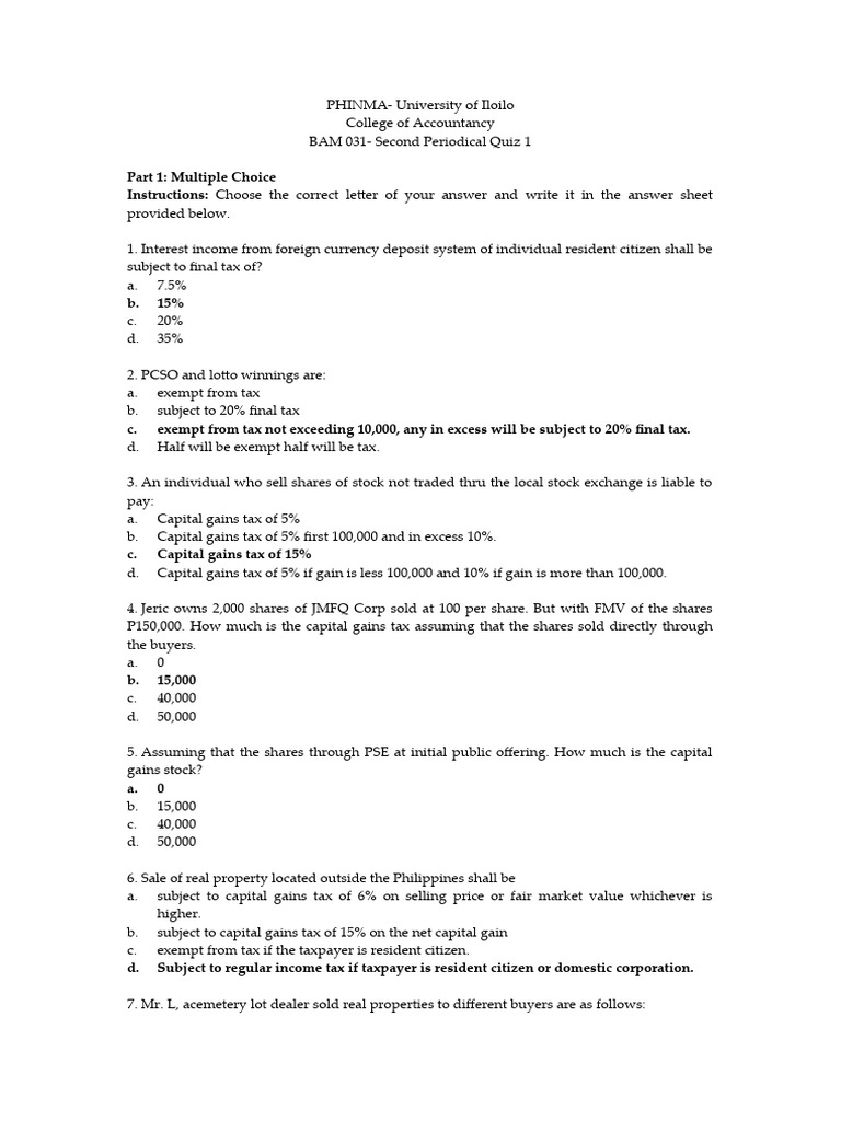 Tax Quiz: Capital Gains & Final Tax | PDF | Capital Gains Tax | Taxes
