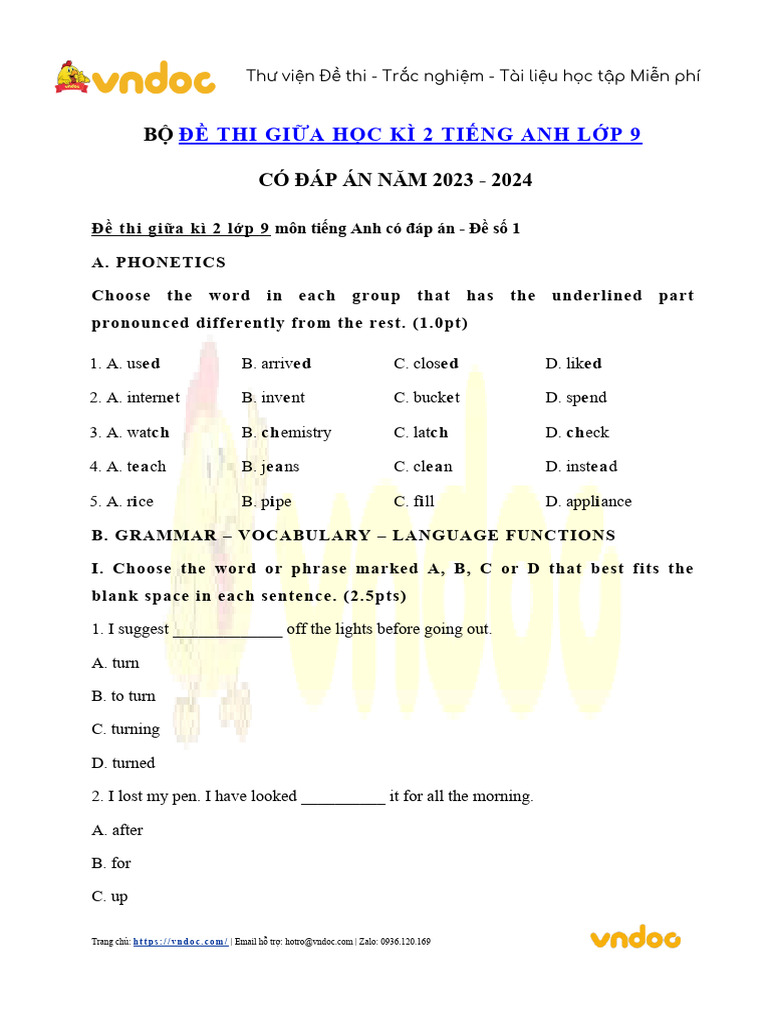 Bo de Thi Giua Hoc Ky 2 Mon Tieng Anh Lop 9 Co Dap An | PDF | Japanese Cuisine | Sushi