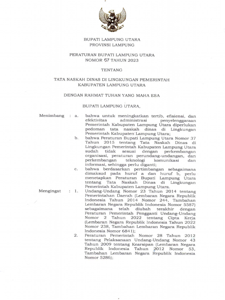 Perbub No 57 Tahun 2023 Tentang Tata Naskah Dinas Di Lingkungan Pemerintah Kabupaten Lampung ...