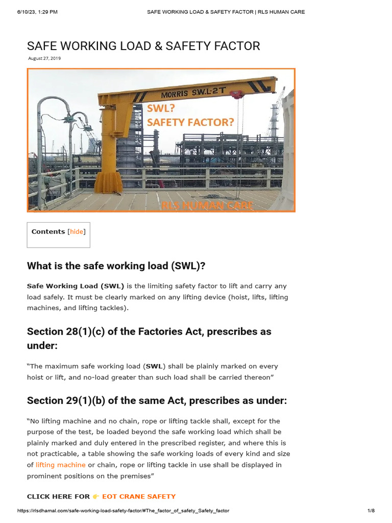 SAFE WORKING LOAD & SAFETY FACTOR _ RLS HUMAN CARE | PDF | Crane ...