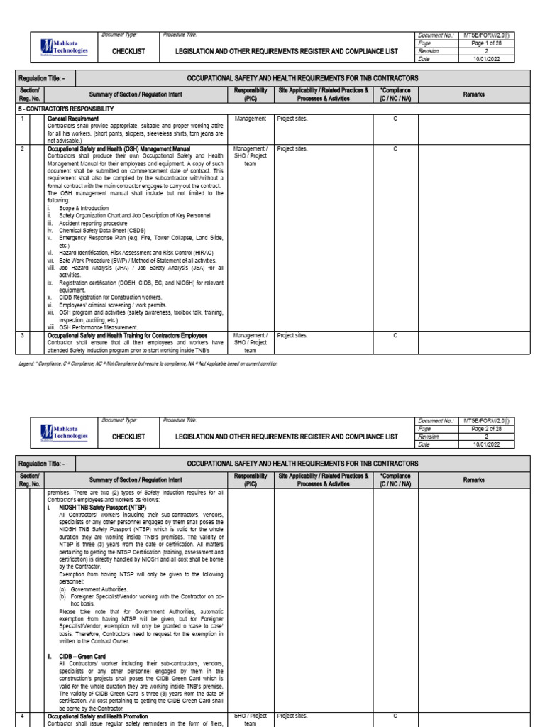 TNB Contractor Safety Compliance Checklist | PDF | Occupational Safety And Health | Safety