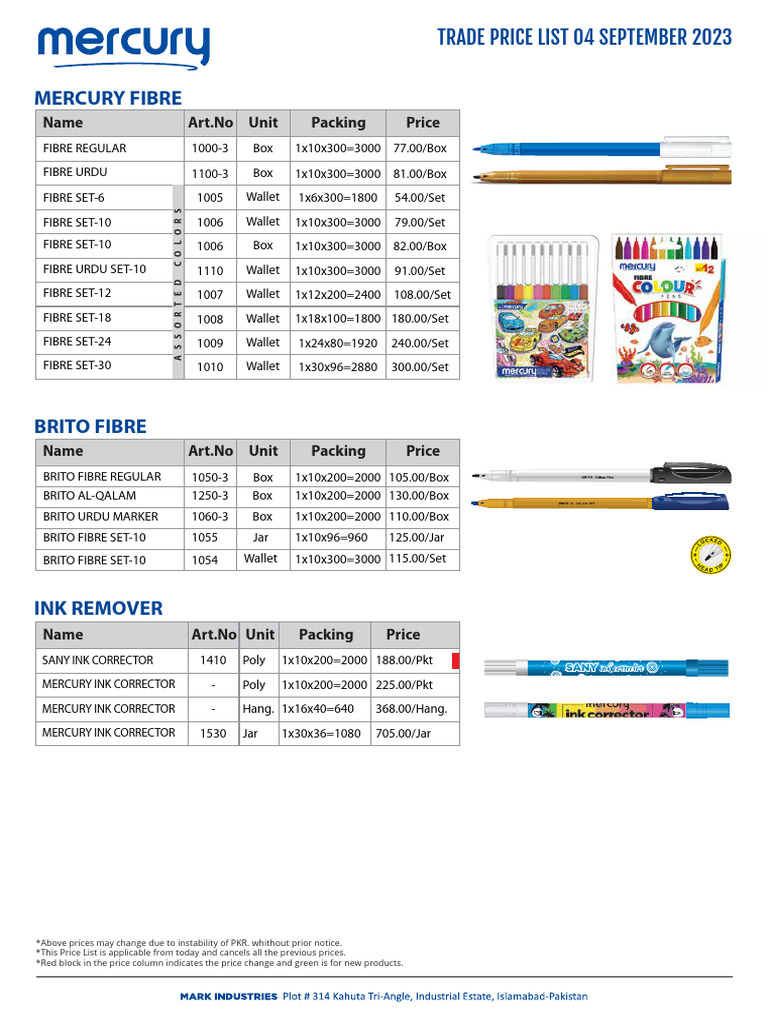 Mercury Stationery Trade Price List | PDF | Pen | Portable Tools
