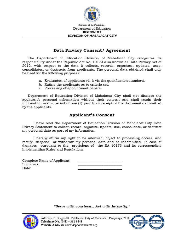 Data Privacy Form Mabalacat - 111417 | PDF