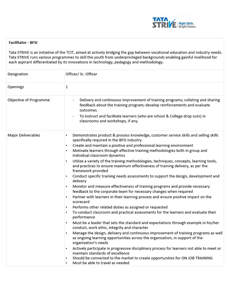 JD BFSI Facilitator | PDF | Learning | Vocational Education