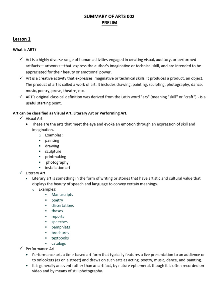 Summary of Arts 002 Prelim | PDF | The Arts | Imagination