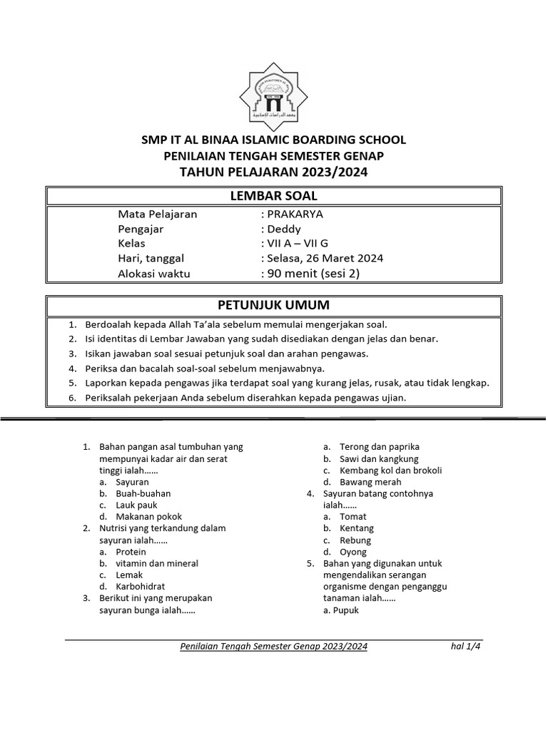 PTS PRAKARYA KLS 7 PUTRA SEMESTER GENAP 2023-2024 - Deddy Saja | PDF