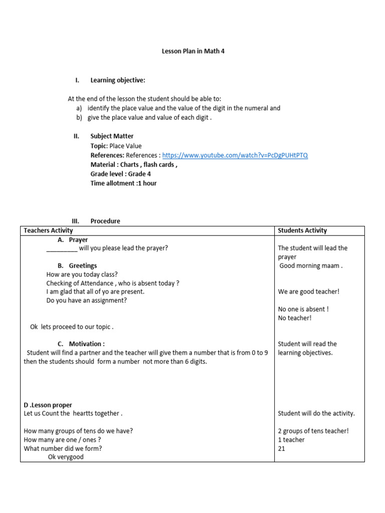 Lesson Plan in Math 4 | PDF | Lesson Plan | Numbers