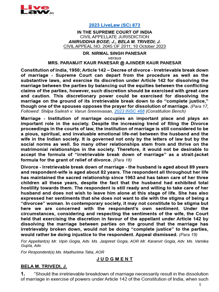 873 DR Nirmal Singh Panesar V Paramjit Kaur Panesar Ajinder 10 Oct 2023 ...