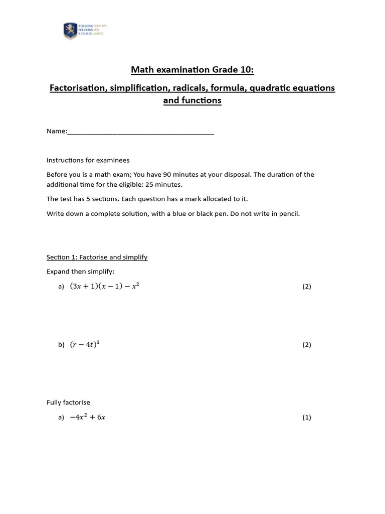 Semester 1 Exam Grade 10 Pdf Function Mathematics Mathematical