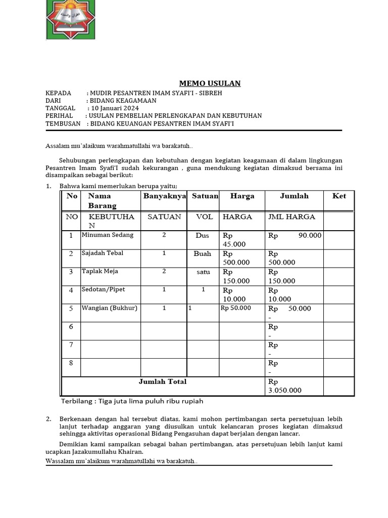 Usulan Pembelian Kebutuhan Pesantren | PDF