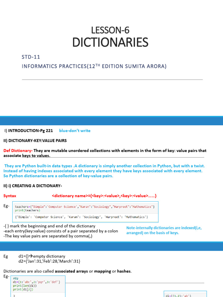 6) 11th LESSON 7 Dictionaries | PDF | Computer Programming | Software Engineering