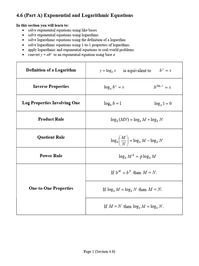 4.6 (Part A) Exponential and Logarithmic Equations: Definition of A Logarithm Is Equivalent To ...