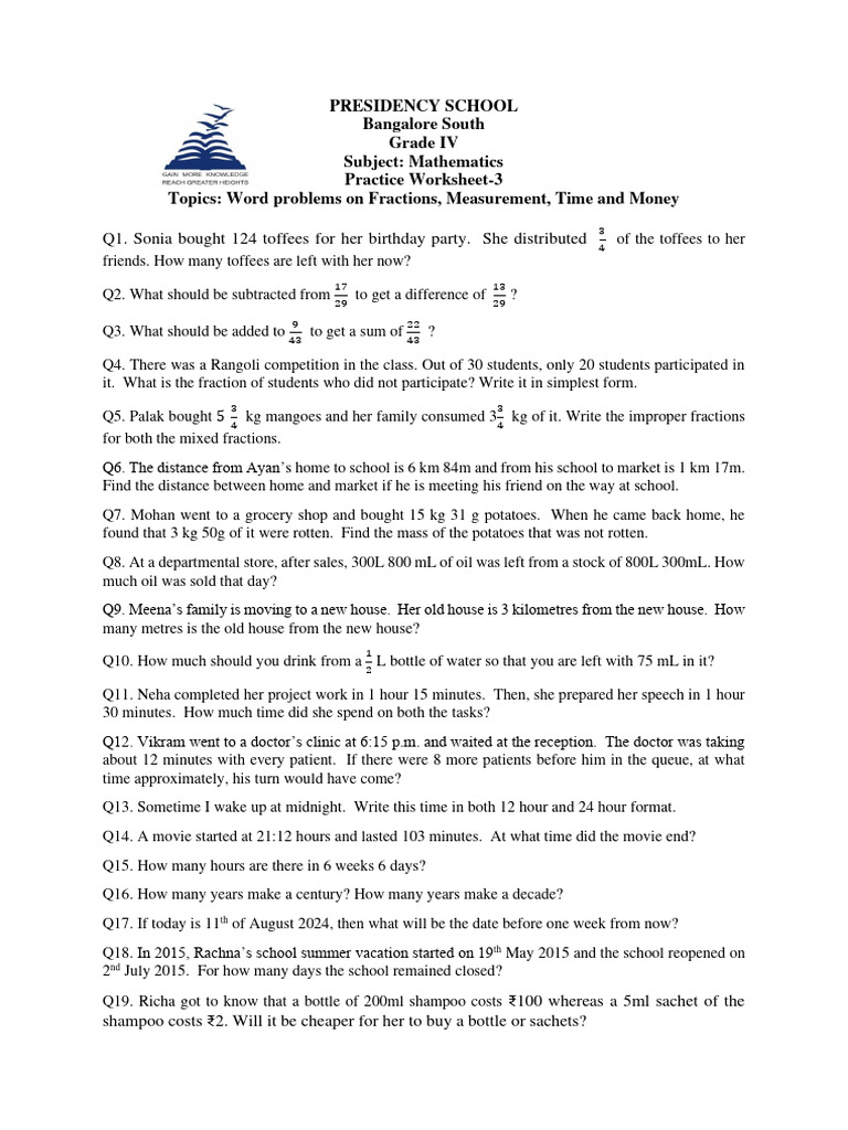 Gr4- Math Practice Worksheet-3 | PDF
