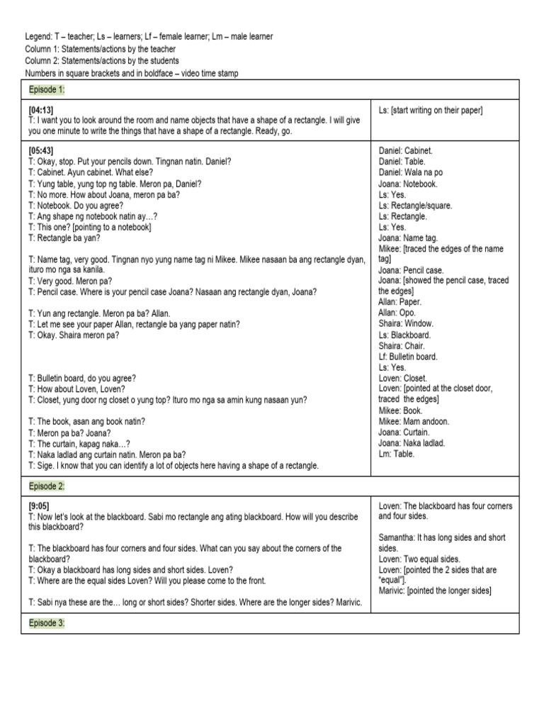 FOR USE IN EJ SESSION TRANSCRIPT OF LV1 Lesson On Area | PDF
