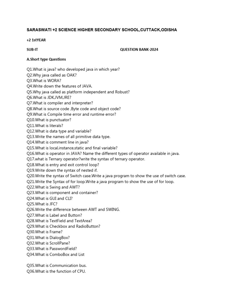 It Question Bank-+2 1st Year | PDF | Java (Programming Language) | Software