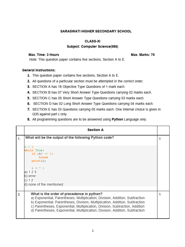 CBSE HALF YEARLY-Computer Science-XI | PDF | Python (Programming Language) | Computer Programming