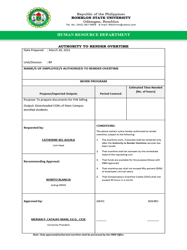 Format OT Form | PDF | Overtime | Human Resources