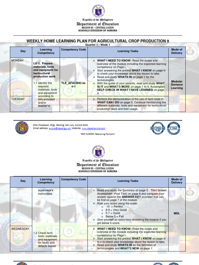 Weekly Learning Plan: Crop Production 9 | PDF