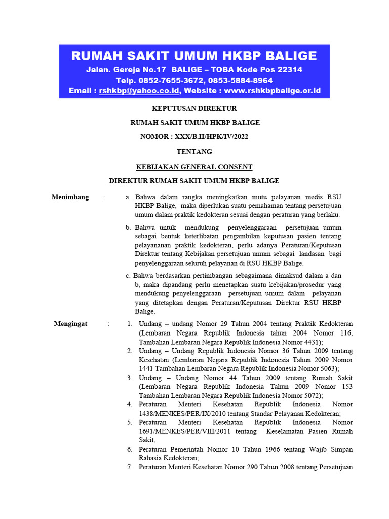 Kebijakan General Consent RSU HKBP | PDF