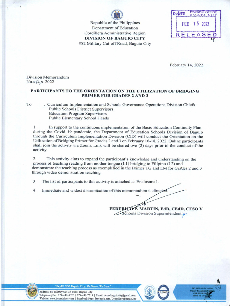 Briding Primer For 2 3division Memorandum No. 046 S. 2022 - 0001 | PDF