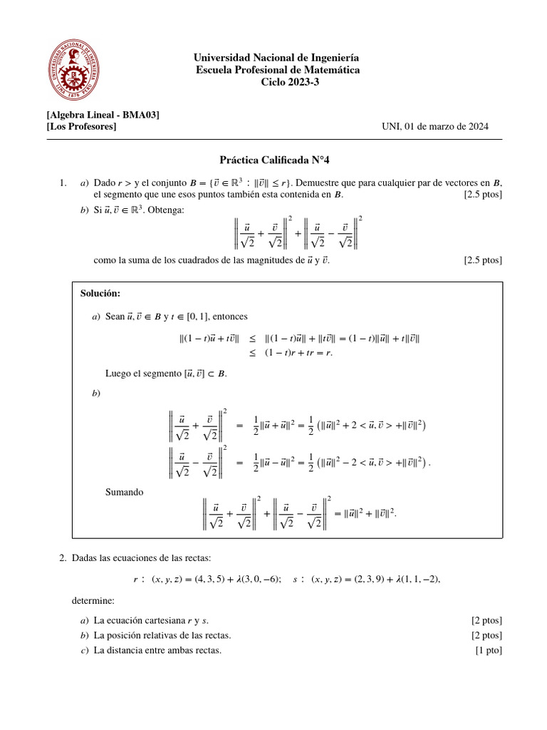 Práctica Calificada de Álgebra Lineal | PDF | Vector Euclidiano | Álgebra abstracta