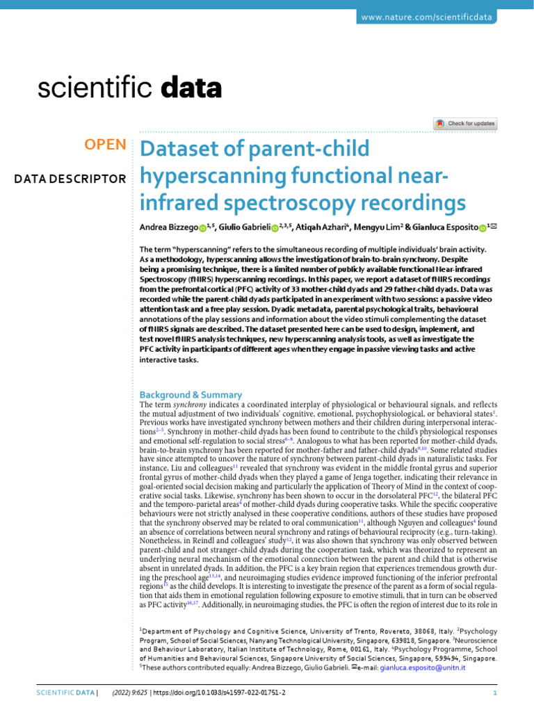 Dataset of Parent-Child Hyperscanning Functional Near-Infrared Spectroscopy Recordings | PDF ...