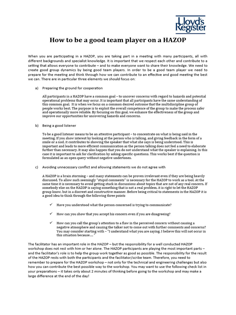 How To Be A Good Team Player in A HAZOP | PDF | Goal | Communication