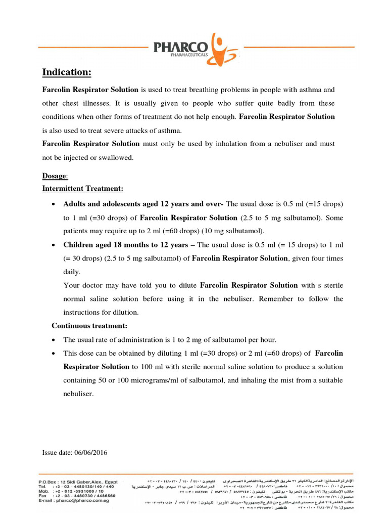 Farcolin Respirator Solution Usage Guide | PDF | Dose (Biochemistry ...