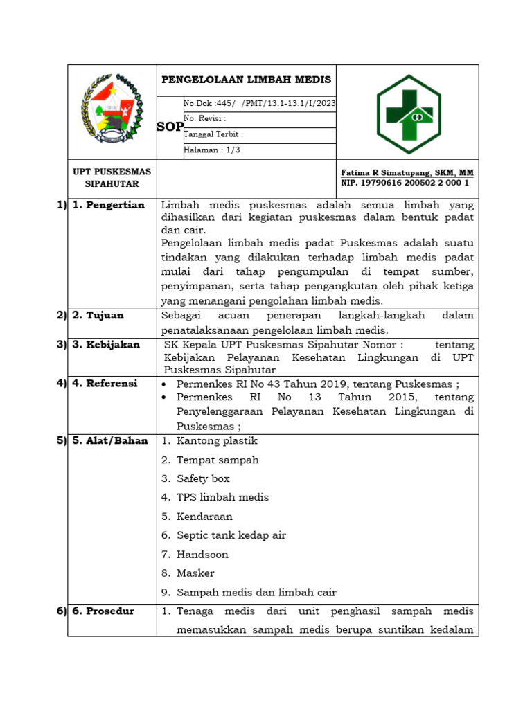 Sop Pengelolaan Limbah Medis Revisi | PDF