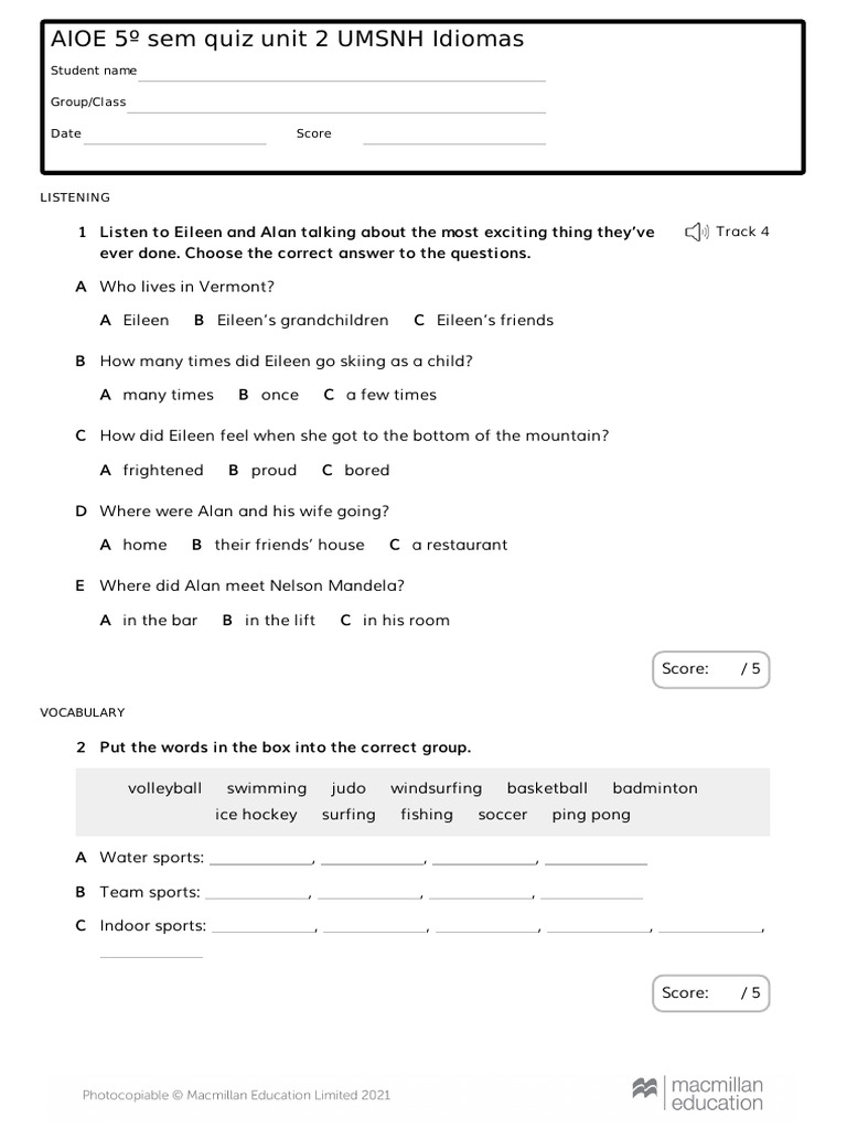 5º Sem Quiz Unit 2 | PDF