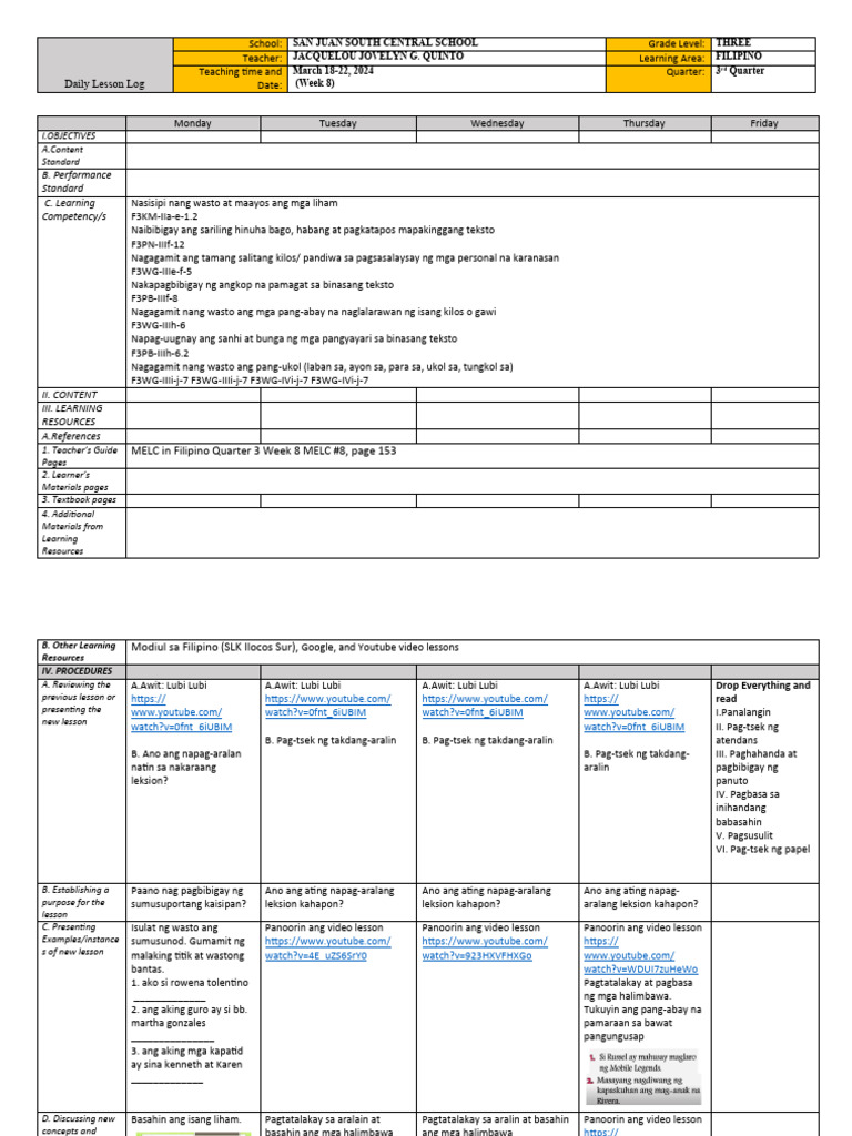DLL Filipino Q3 W8 | PDF