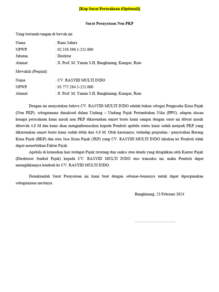 Surat Pernyataan Non PKP CV. RASYID MULTI INDO | PDF