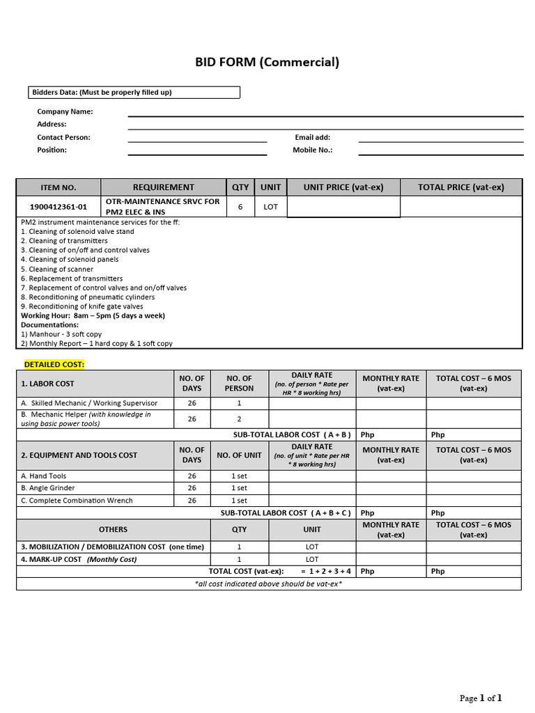 Bid Form | PDF | Equipment