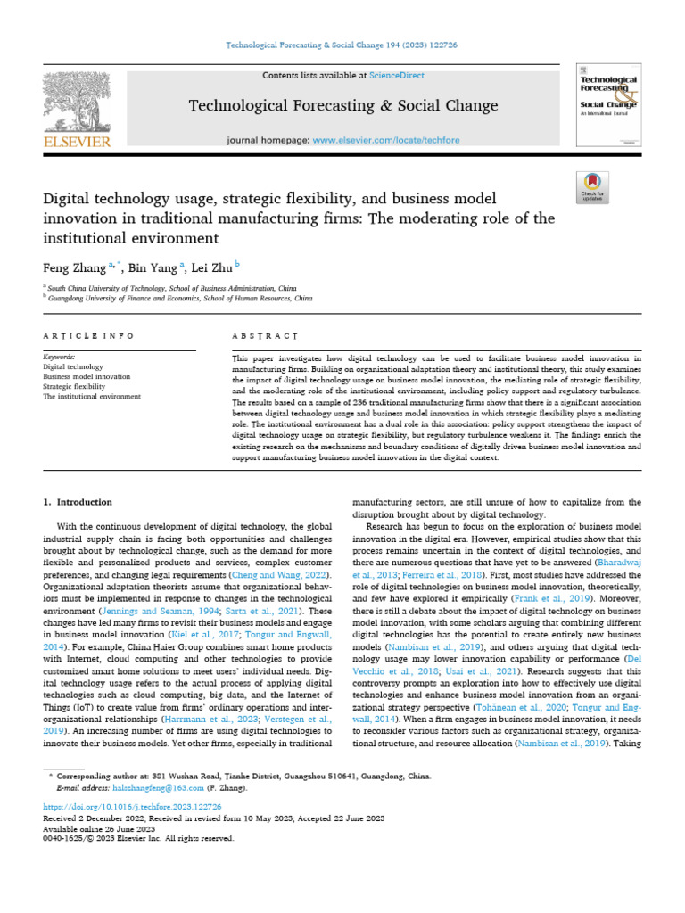 Technological Forecasting & Social Change: Feng Zhang, Bin Yang, Lei Zhu | PDF | Business Model ...