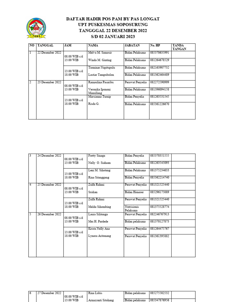 Daftar Hadir Pos Pam by Pas Longat | PDF