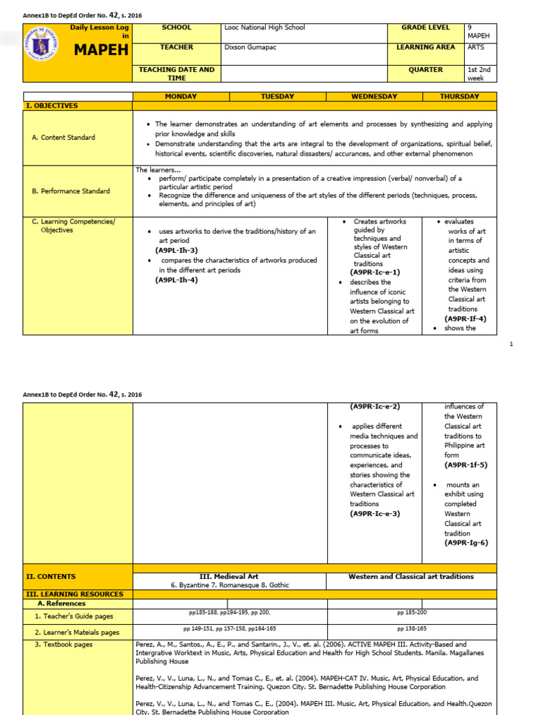 Q1 Grade 9 ARTS DLL Week 2 | PDF | Sculpture | Learning