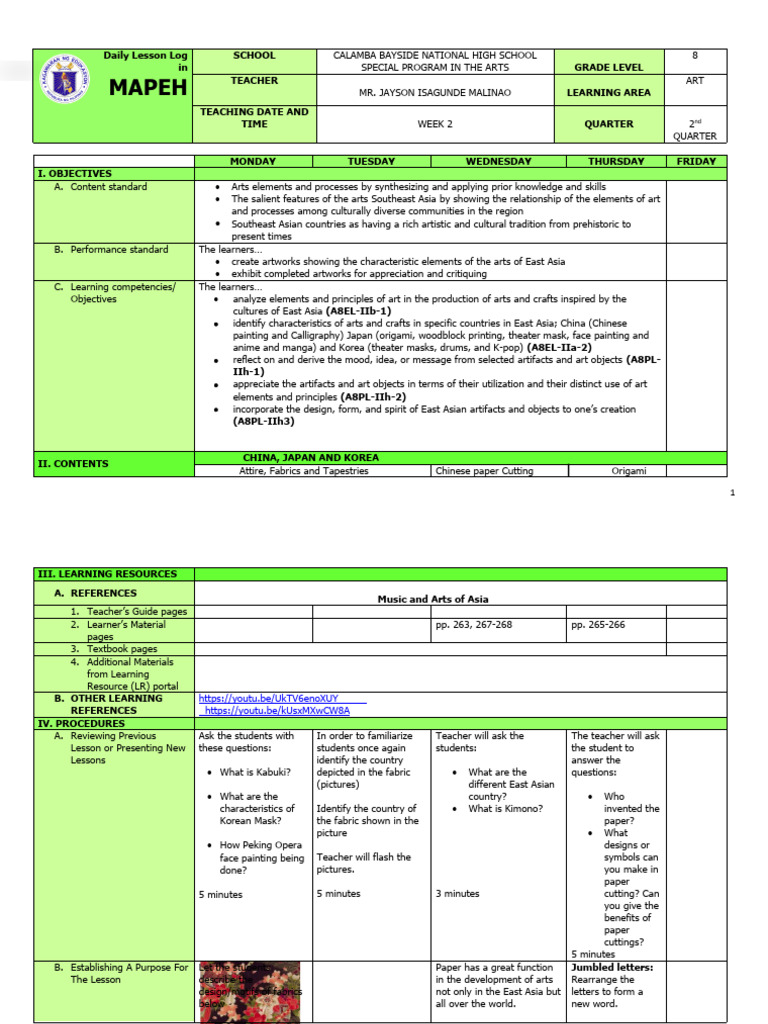 Q2 Grade 8 Arts DLL Week 2 | PDF | Origami | Textiles