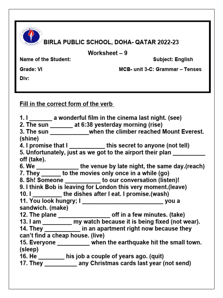Worksheet 9 Grammer Tenses | PDF
